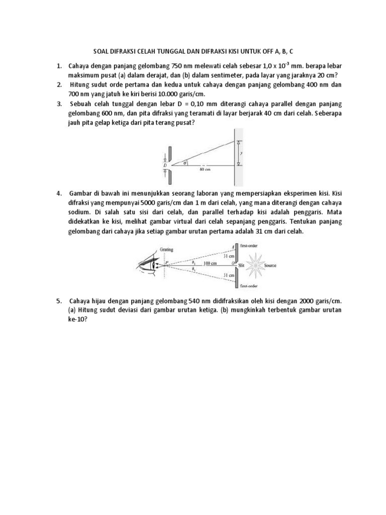 Soal Difraksi Celah Tunggal Dan Difraksi Kisi Untuk Off A, B, C | PDF