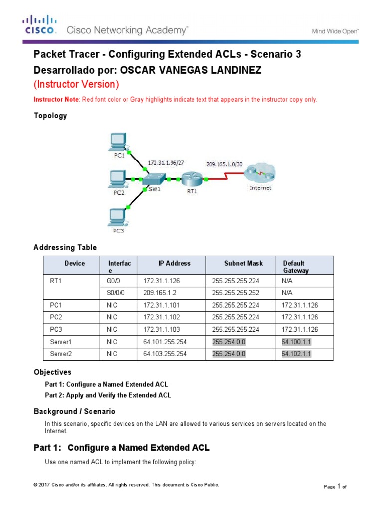 (Instructor Version) : Packet Tracer - Configuring Extended Acls - Scenario 3 Desarrollado Por ...