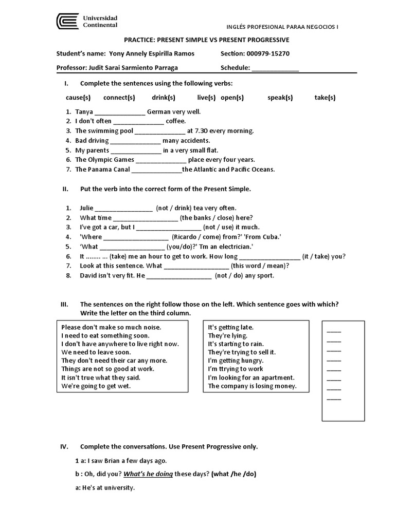 Practice Present Simple Vs Progressive | PDF
