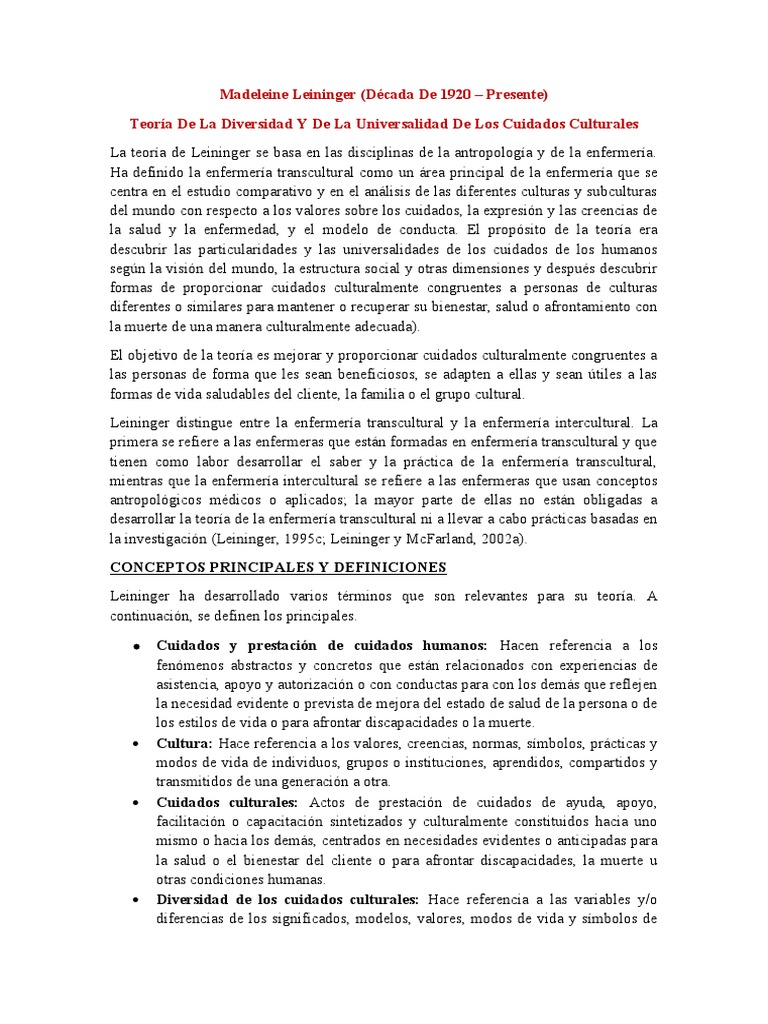 Teoría de Cuidados Culturales de Leininger | PDF | Enfermería | Teoría