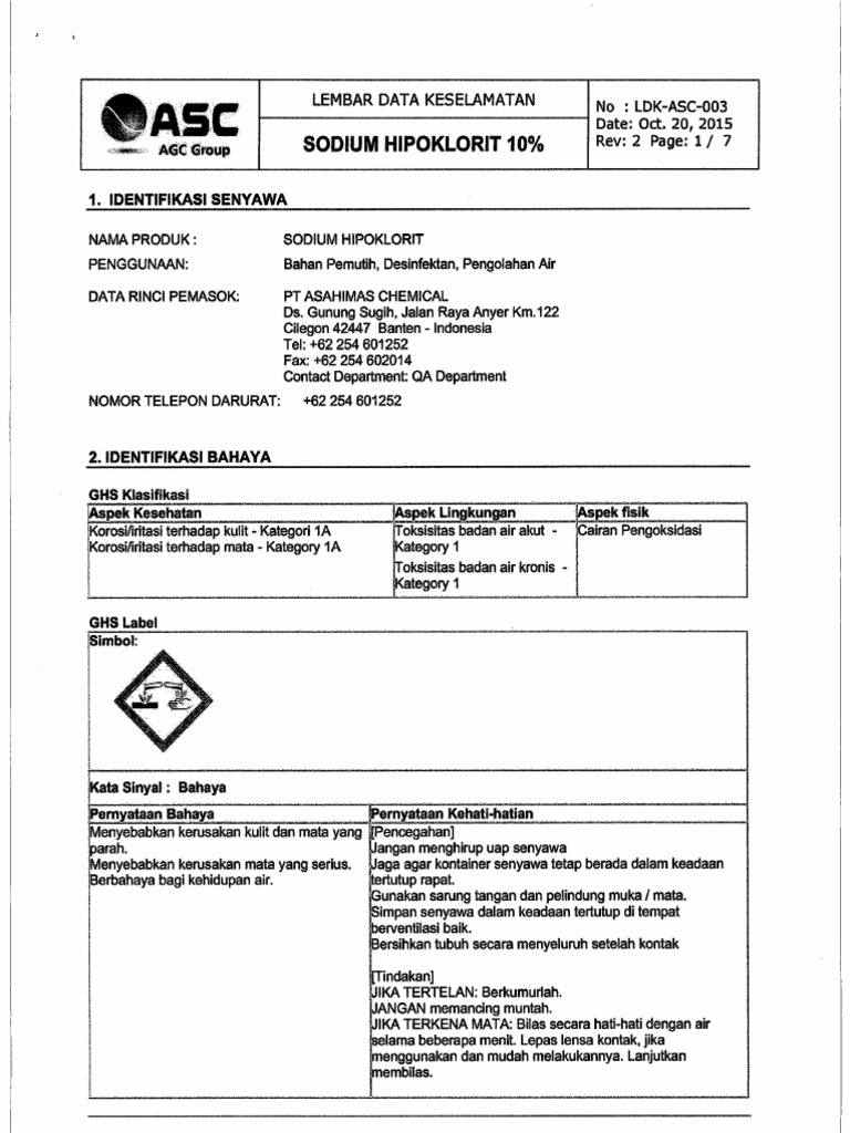 MSDS S.Hypo (Klorine) 20 Oktober 2015 | PDF
