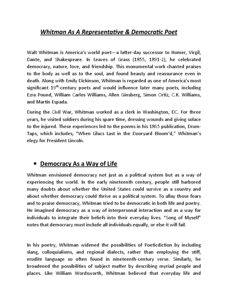 Whitman: Poet of Democracy and Nature | PDF | Walt Whitman | Leaves Of ...