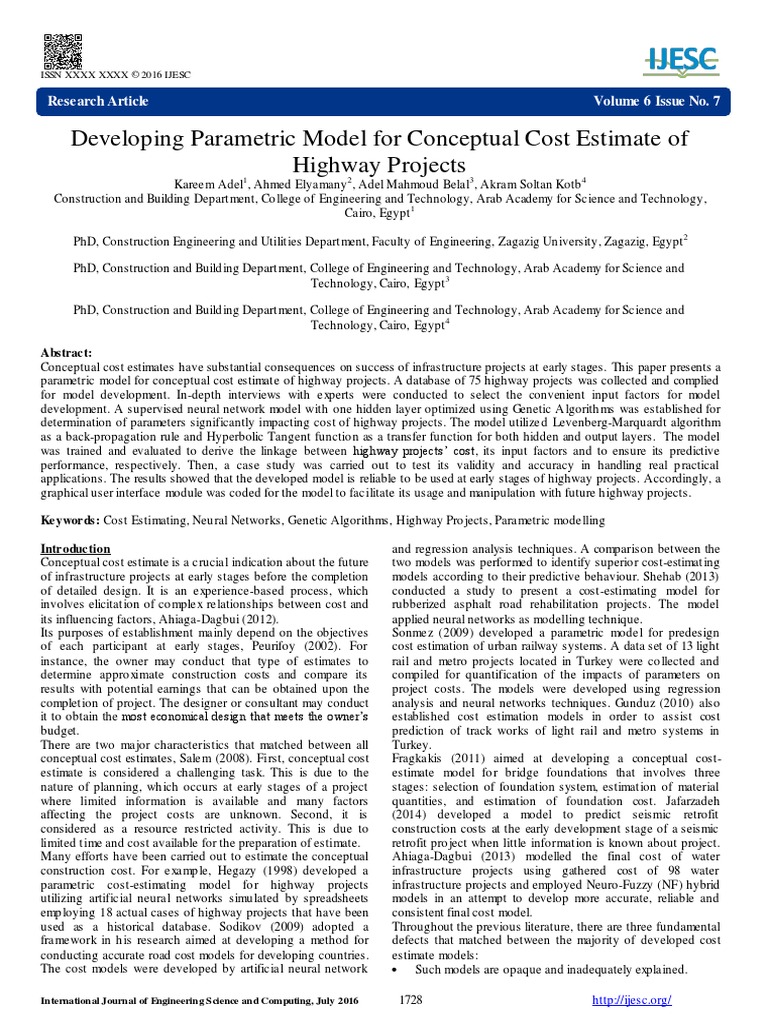 .Developing Parametric Model For Conceptual Cost Estimate of Highway ...