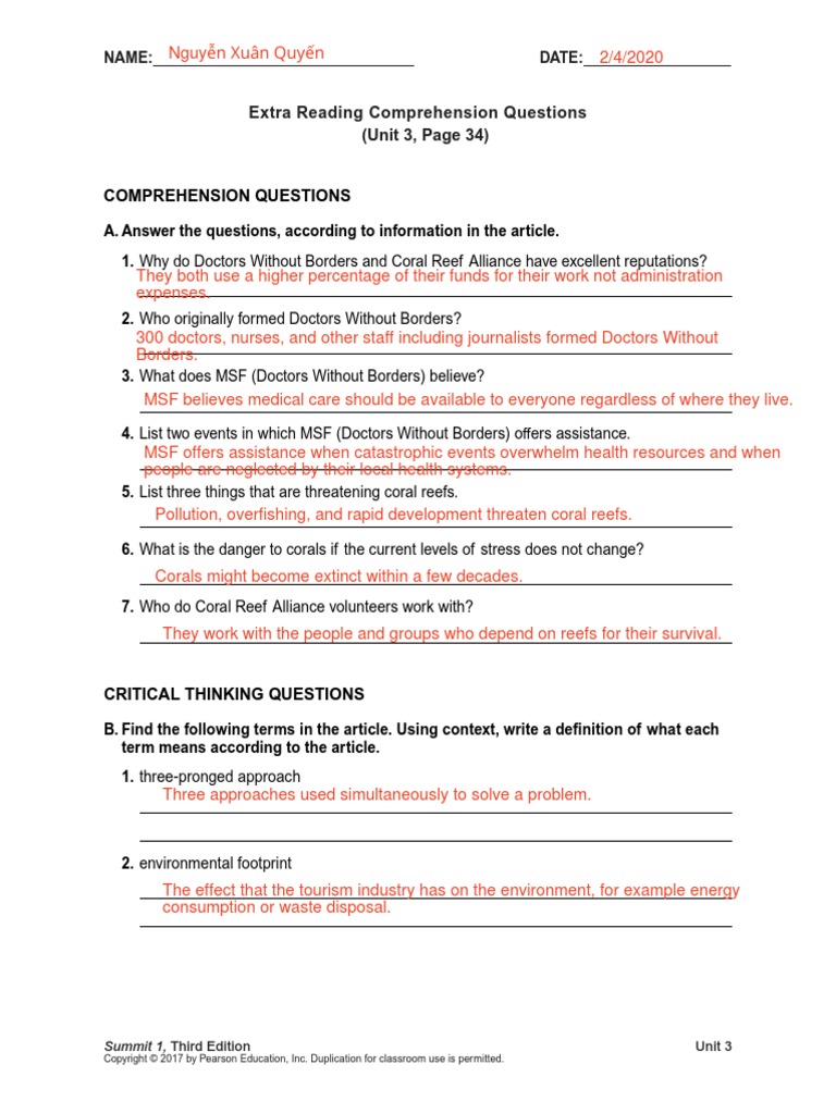 Extra Reading Comprehension Questions (Unit 3, Page 34) | PDF