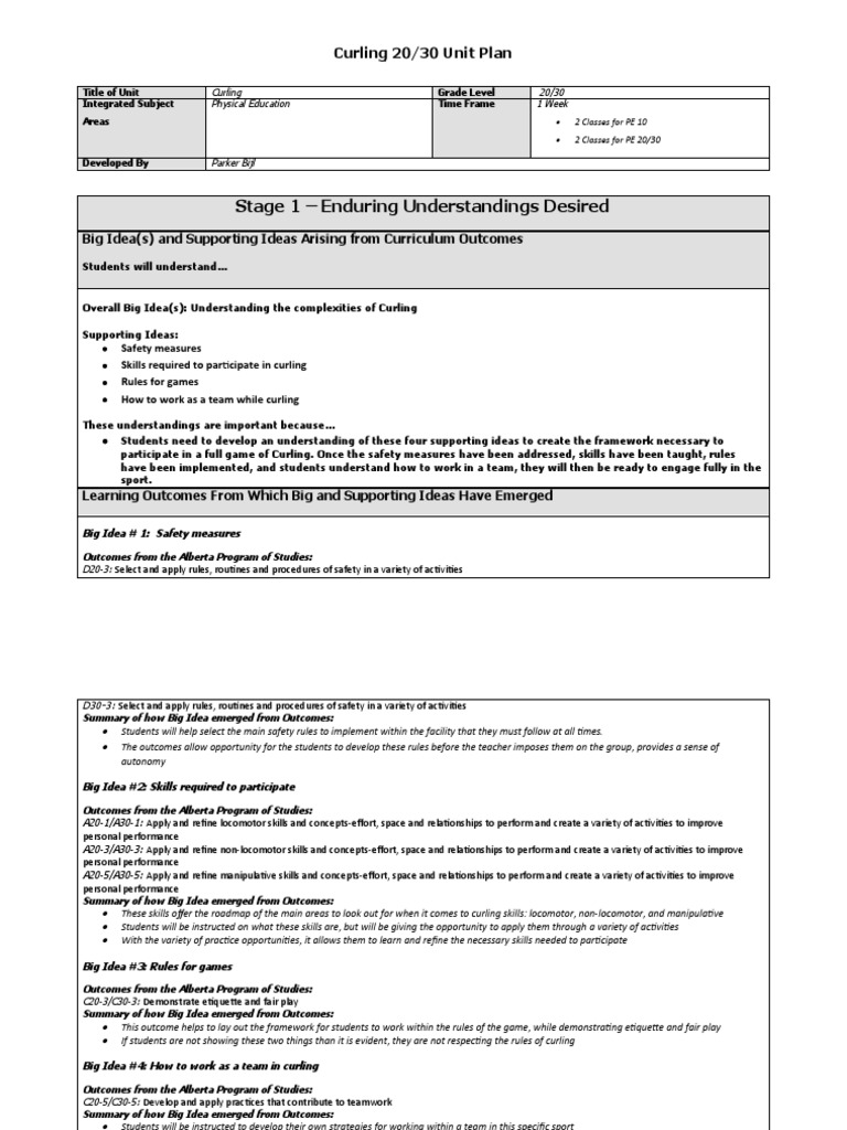 Curling 20 30 Unit | PDF | Physical Education | Educational Assessment