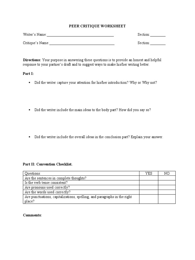 Peer Critique Worksheet | PDF
