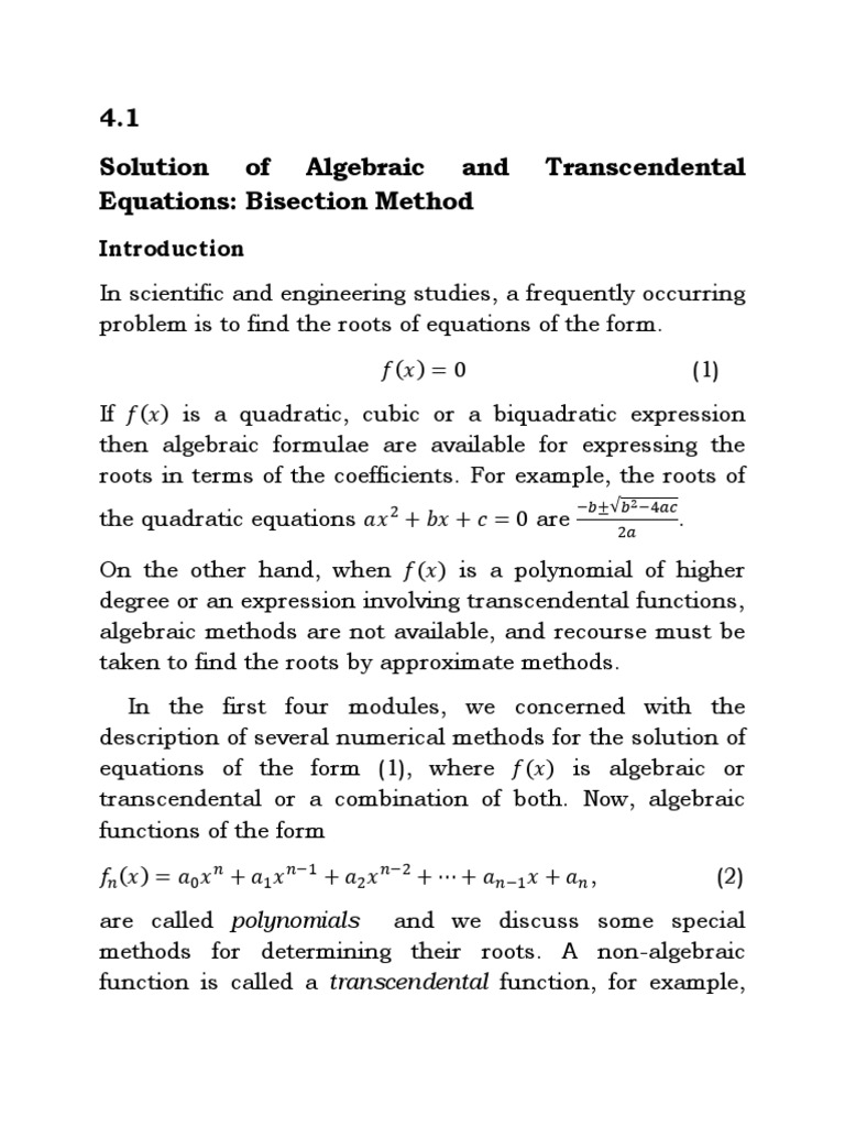 4.1 Solution of Algebraic and Transcendental Equations: Bisection ...