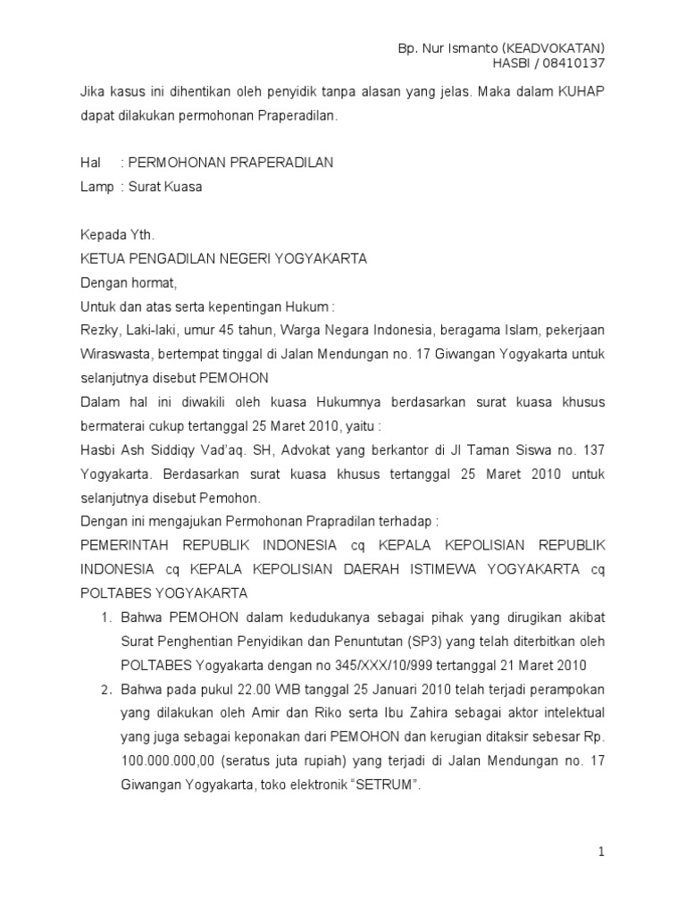Contoh Permohonan Praperadilan | PDF