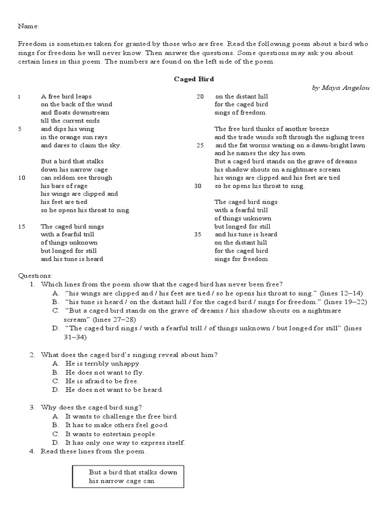 Caged Bird Poem Worksheet For Grade 10 | PDF