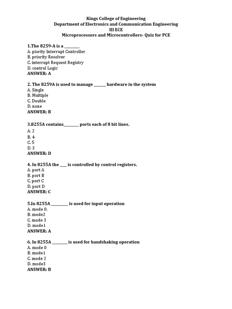 Quiz For The Subject Microprocessors and Microcontrollers EC8691 | PDF