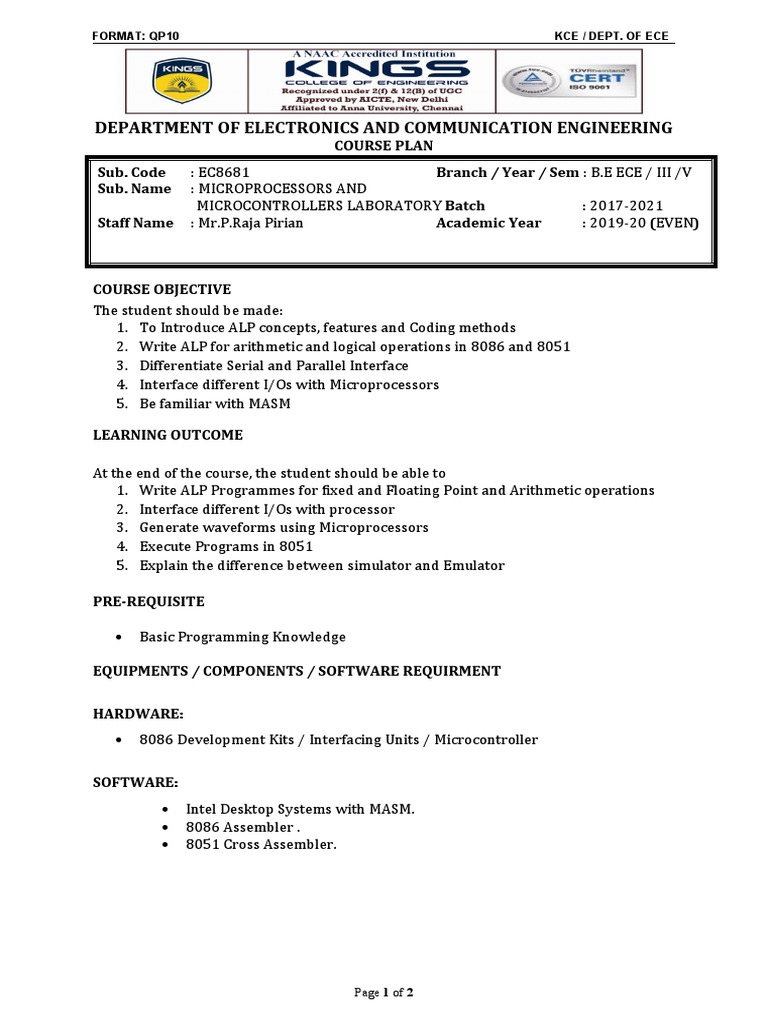 Micro Proccesor Practical Course - Plan EC8681 | PDF | Microcontroller | Microprocessor