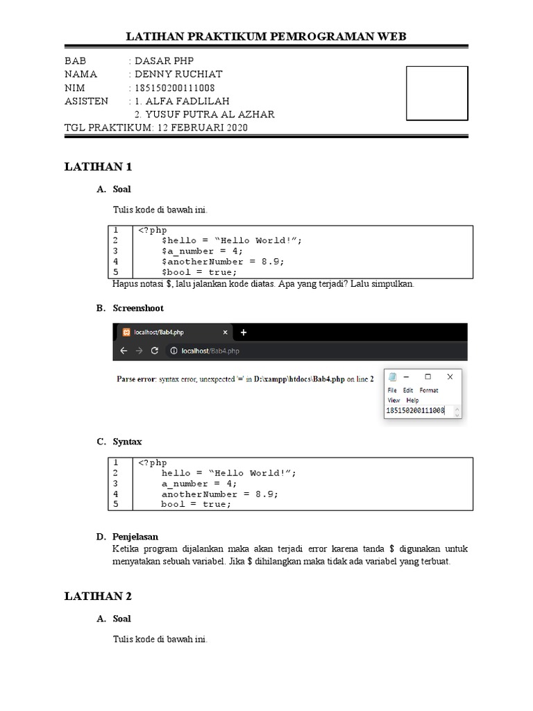 Praktikum Dasar PHP: Latihan dan Penjelasan | PDF | Metode & Bahan Ajar | Komputer