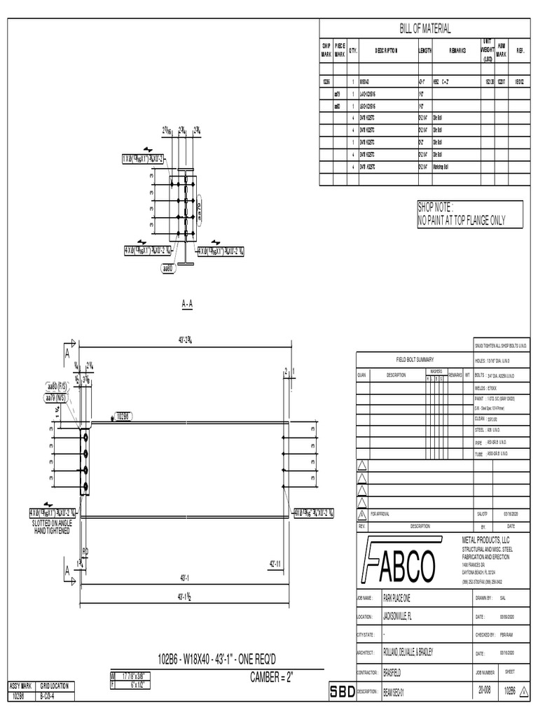 Bill of Material: 102B6 - W18X40 - 43'-1" - ONE REQ'D Camber 2" | PDF ...