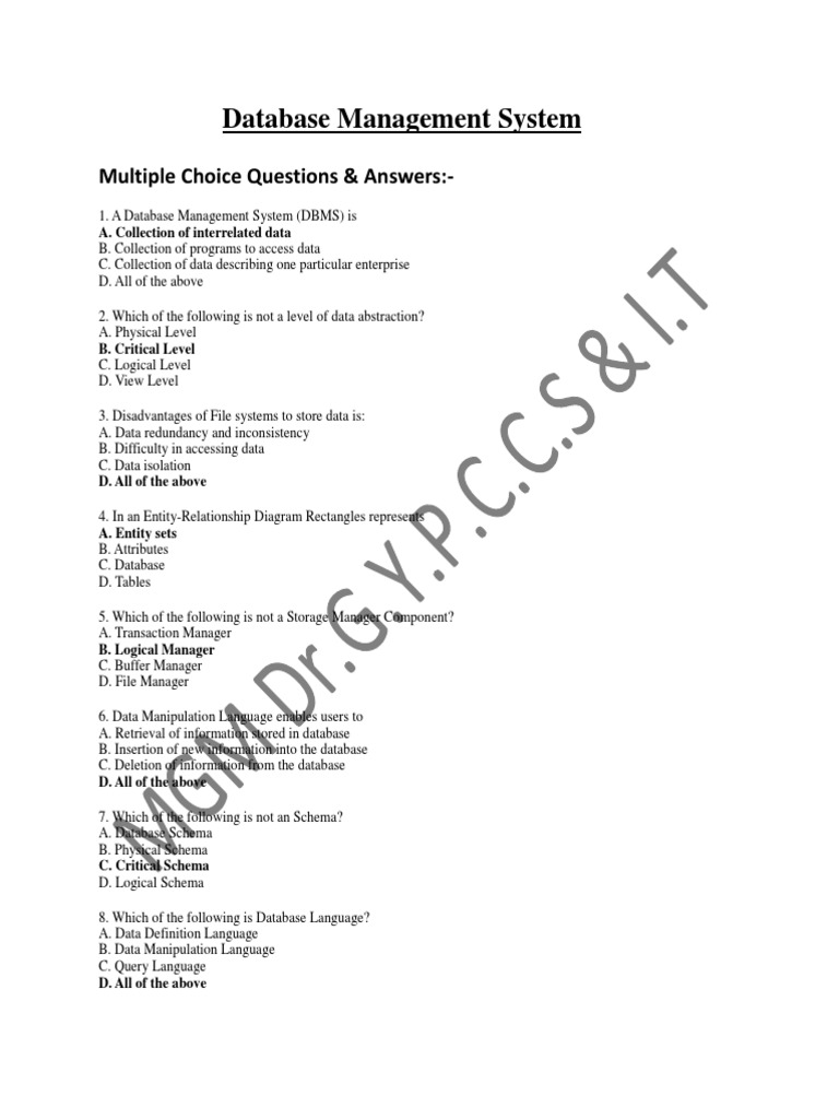 Database Management System: Multiple Choice Questions & Answers | PDF | Relational Model | Databases