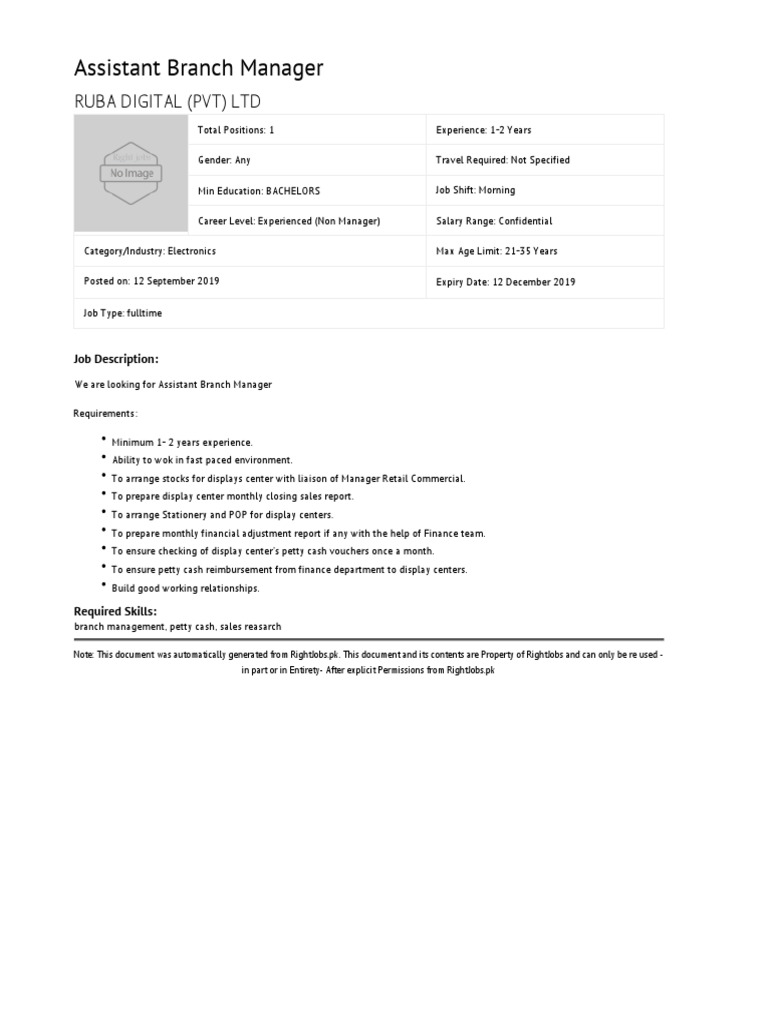 Assistant Branch Manager: Ruba Digital (PVT) LTD | PDF