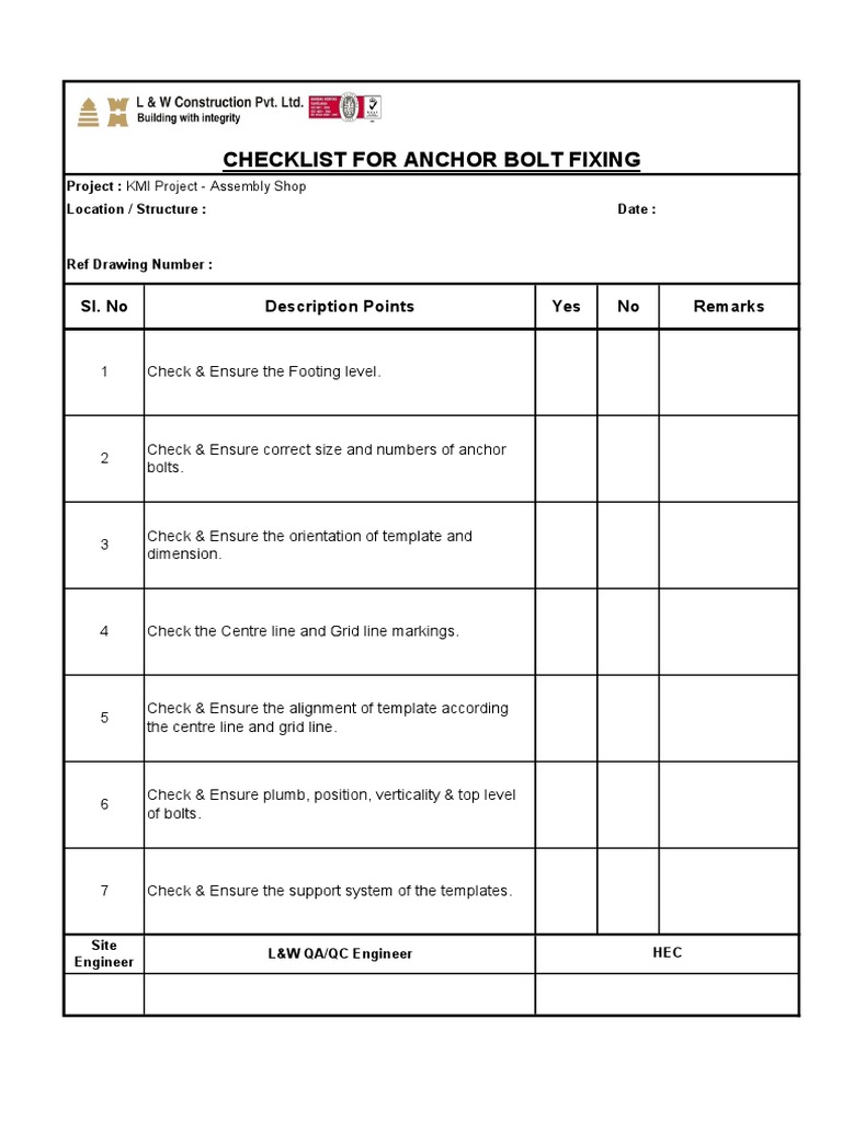 Checklist For Anchor Bolt Fixing | PDF