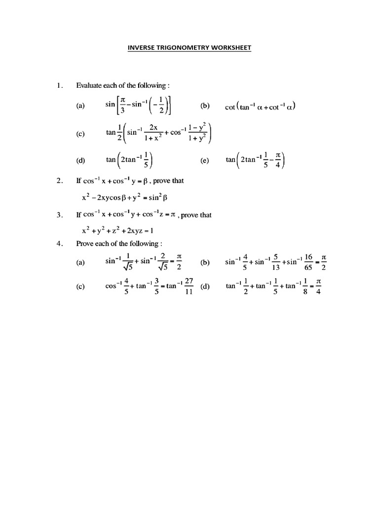Inverse Trigonometry Worksheet | PDF