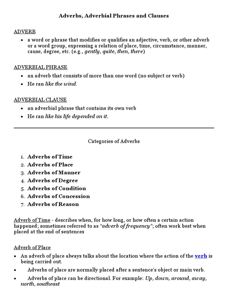Adverbs, Adverbial Phrases and Clauses: North, Southeast | PDF ...