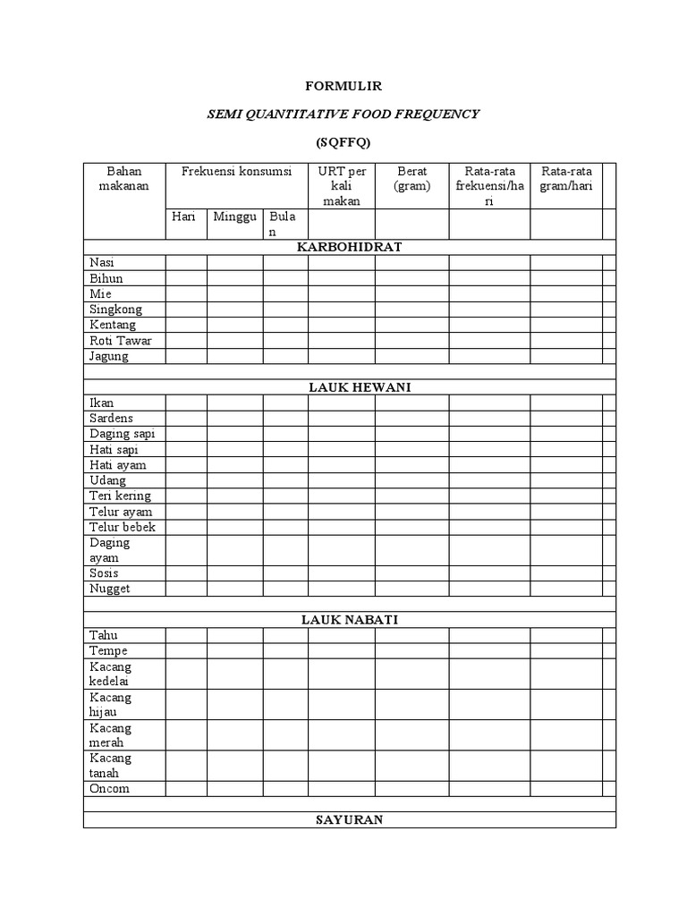 Semi Quantitative Food Frequency: Formulir | PDF