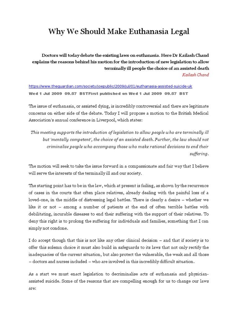 Why We Should Make Euthanasia Legal | PDF | Terminal Illness | Ethical Principles