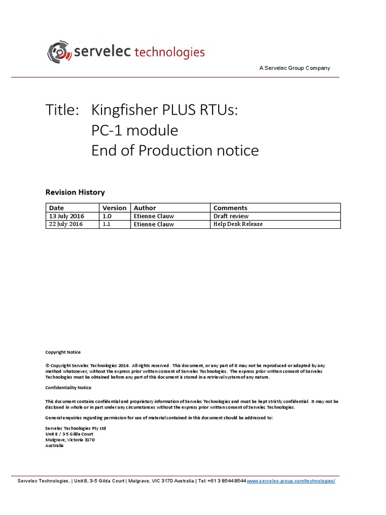 Servelec Technologies - Kingfisher PLUS RTUs - PC-1 End of Production ...