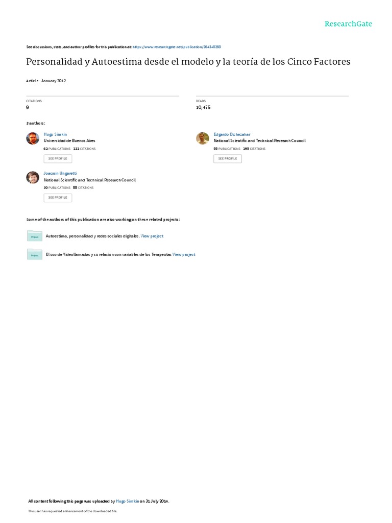Personalidad y Autoestima Desde El Modelo y La Teoría de Los Cinco ...