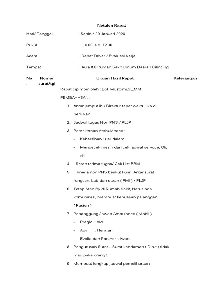 NOTULEN HASIL RAPAT Driver, Evaluasi Kinerja | PDF