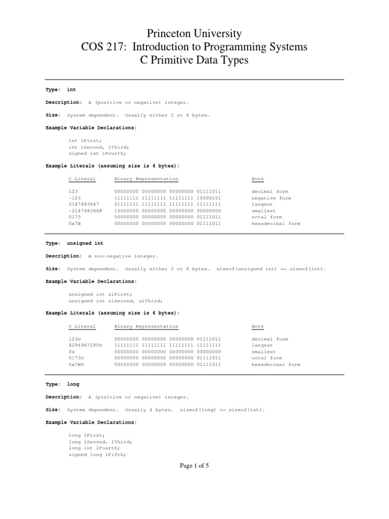 Princeton University COS 217: Introduction To Programming Systems C Primitive Data Types | PDF ...