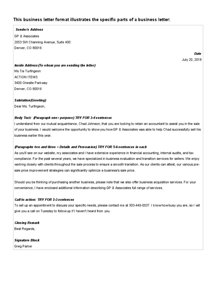 This Business Letter Format Illustrates The Specific Parts of A ...