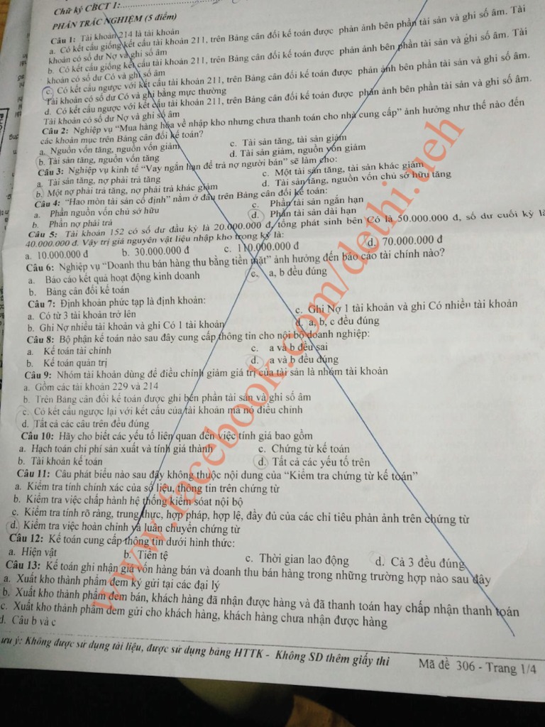 ĐỀ THI KTHP NGUYÊN LÝ KẾ TOÁN K41 UEH ĐỀ 306 | PDF