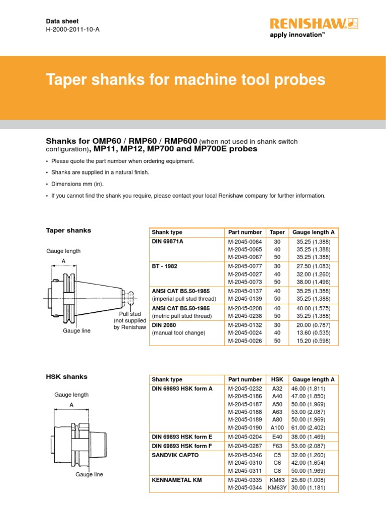 Taper Shanks For Machine Tool Probes Data Sheet | PDF | Woodworking ...