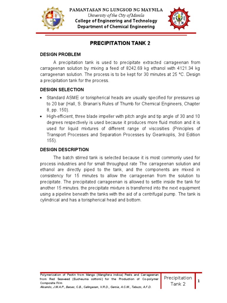 Equipment Design - Precipitation Tank 2 | PDF | Chemical Reactor ...