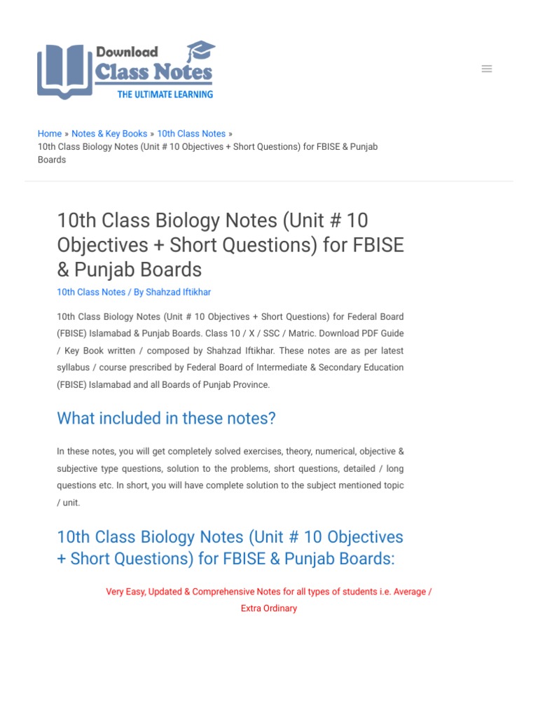 10th Class Biology Notes (Unit # 10) For FBISE Islamabad & Punjab Board ...