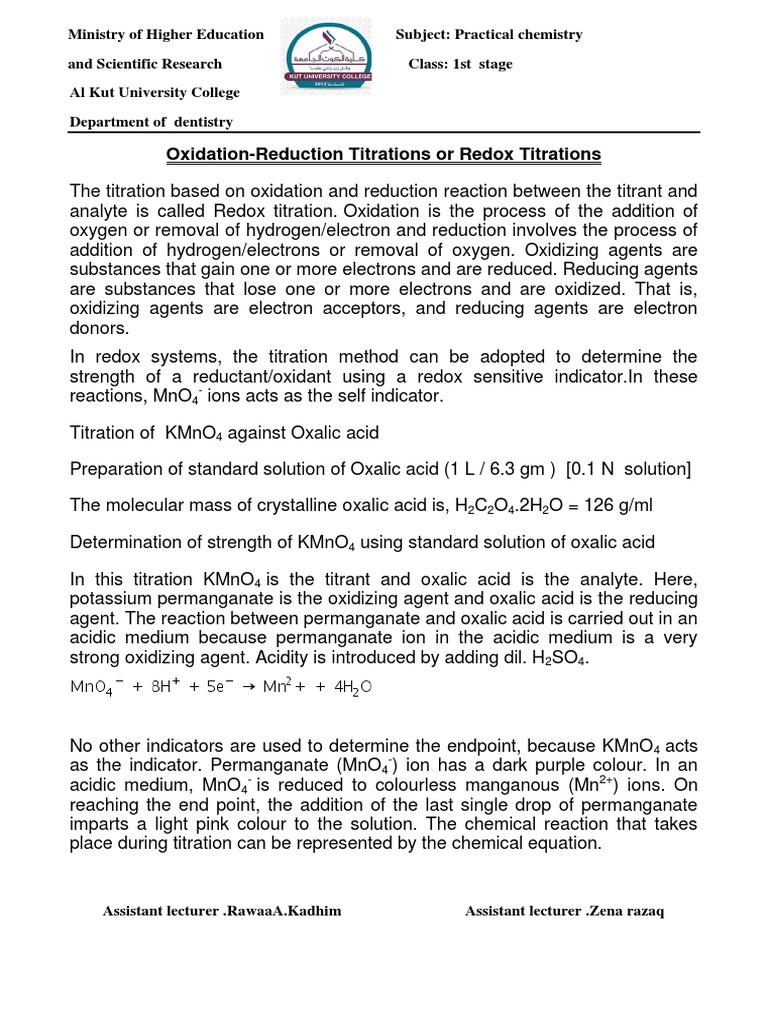 Oxidation-Reduction Titrations or Redox Titrations | PDF | Redox ...