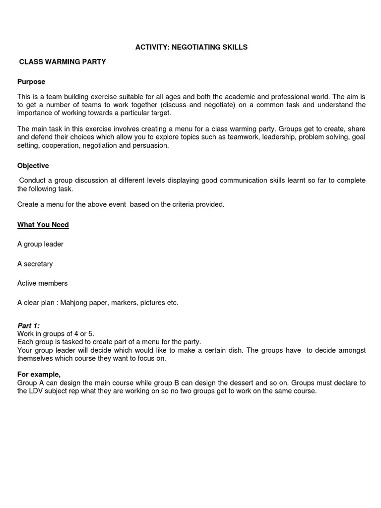 Team-Building Menu Negotiation Exercise | PDF | Menu | Brainstorming