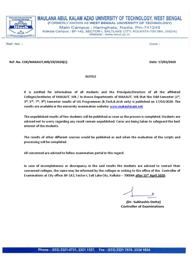 ST RD TH TH TH: (Dr. Subhashis Datta) Controller of Examinations | PDF