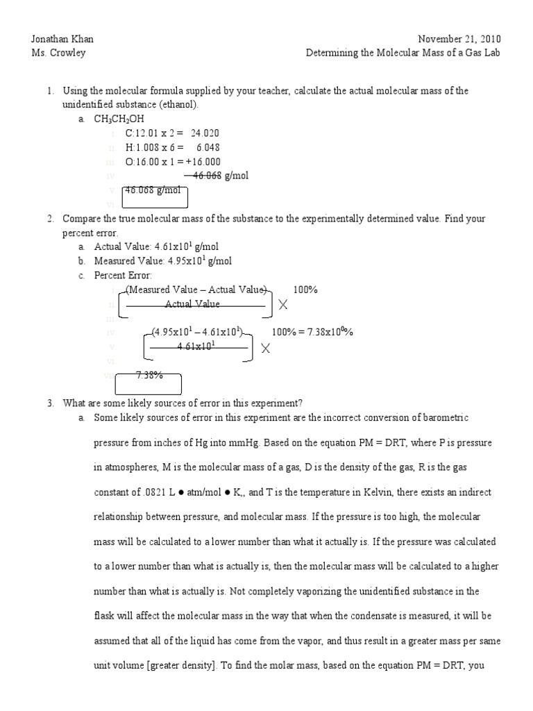 Determining The Molecular Mass of A Gas | PDF | Physical Chemistry ...