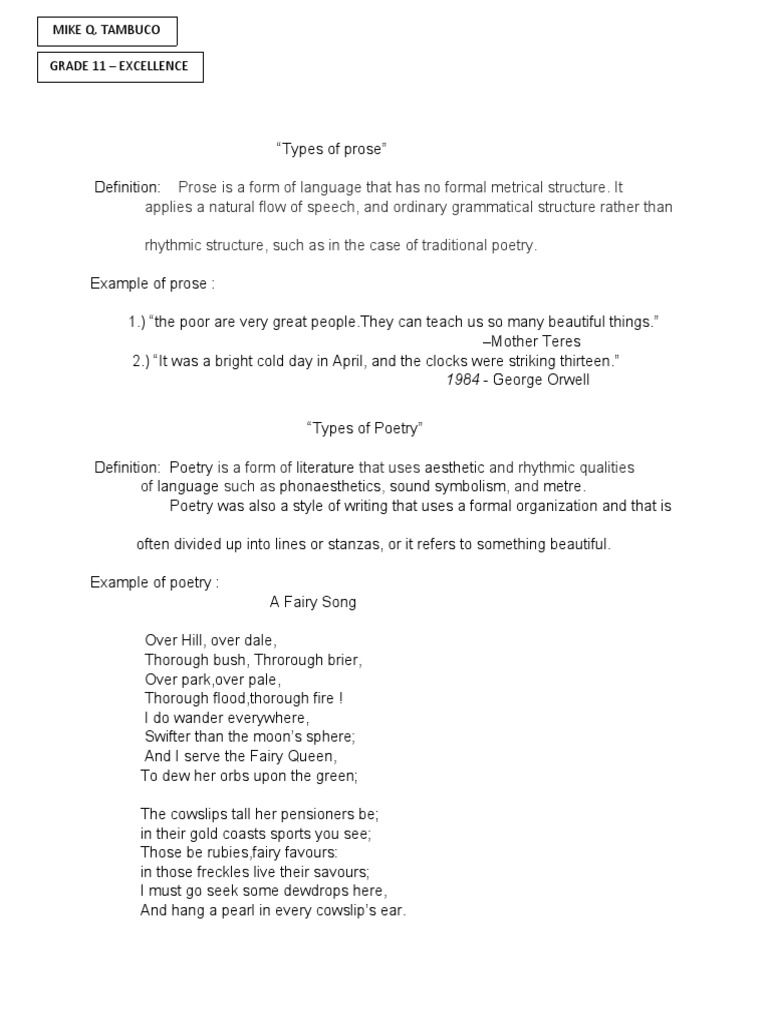 An Analysis of the Key Elements and Examples of Prose and Poetry | PDF