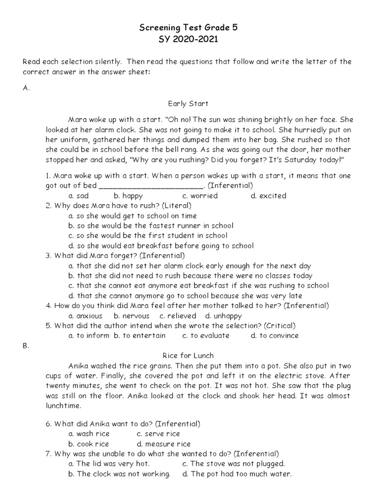 English Screening Test Grade 5 | PDF