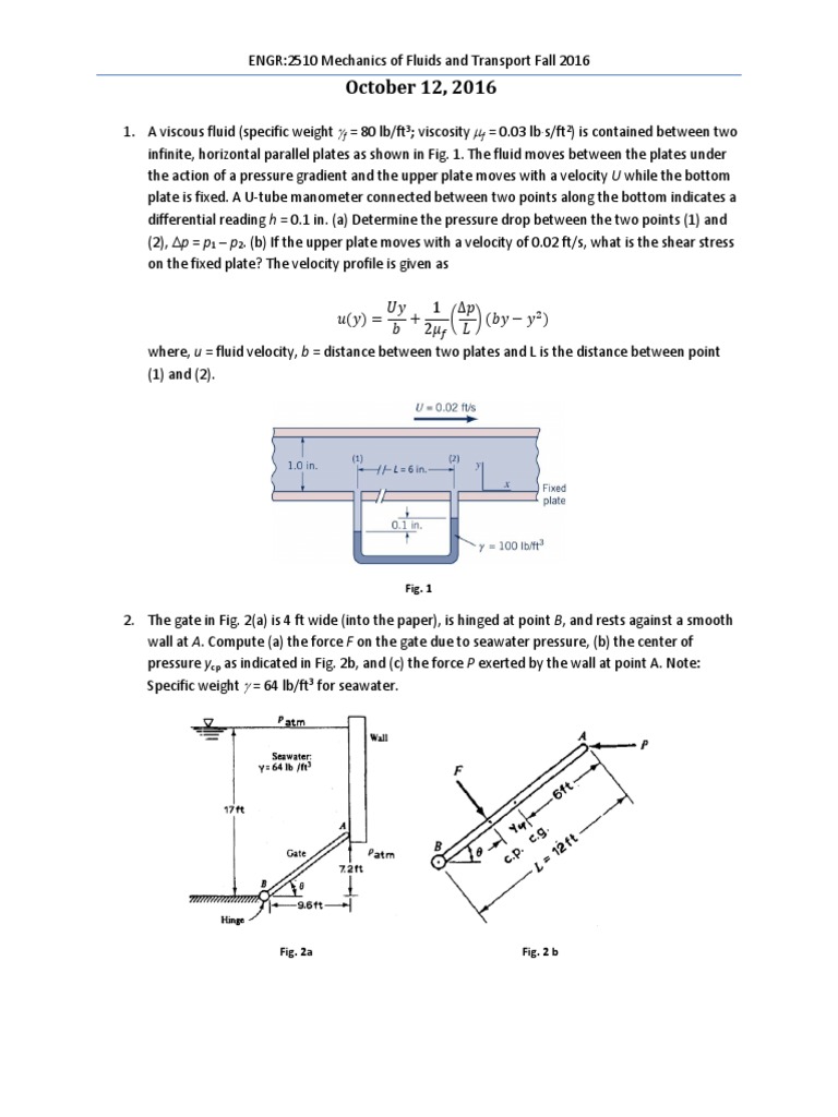 Exam1 Problems | PDF | Fluid Dynamics | Pressure