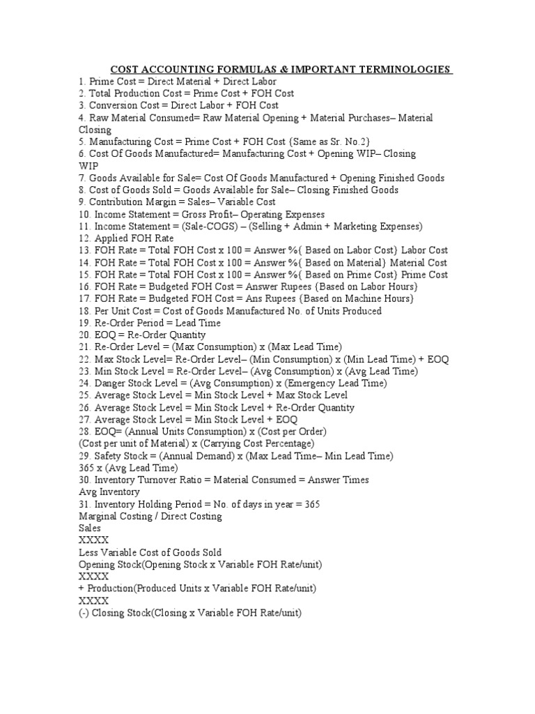Cost Accounting Imporatant Formulas | PDF | Cost Of Goods Sold ...