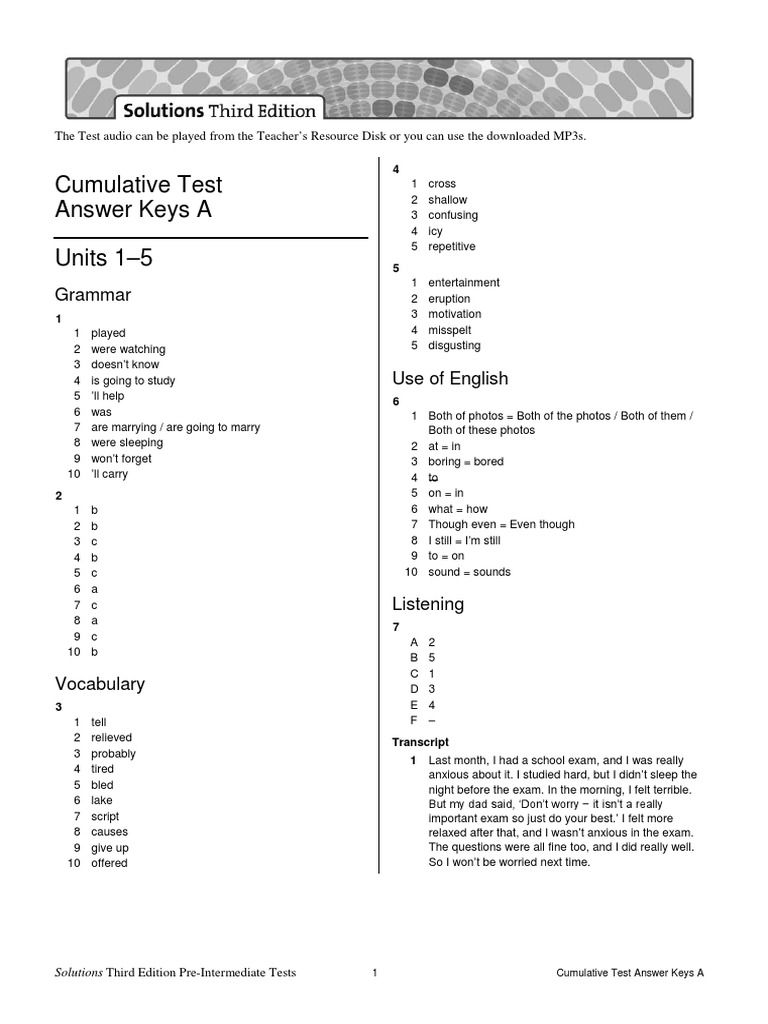 Cumulative Test Answer Keys A Units 1-5: Grammar | PDF | Invention