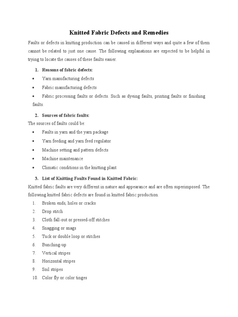 Knit Fabric Defects and Remedies | PDF | Knitting | Yarn