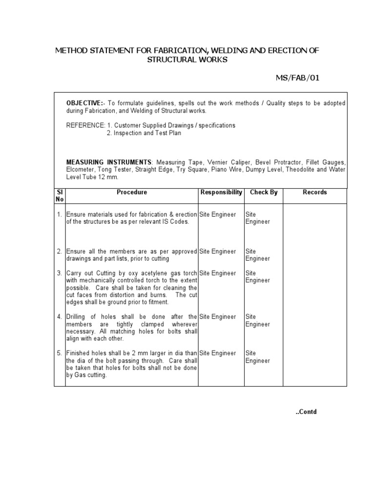 Method Statement For Fabrication, Welding and Erection of Structural ...