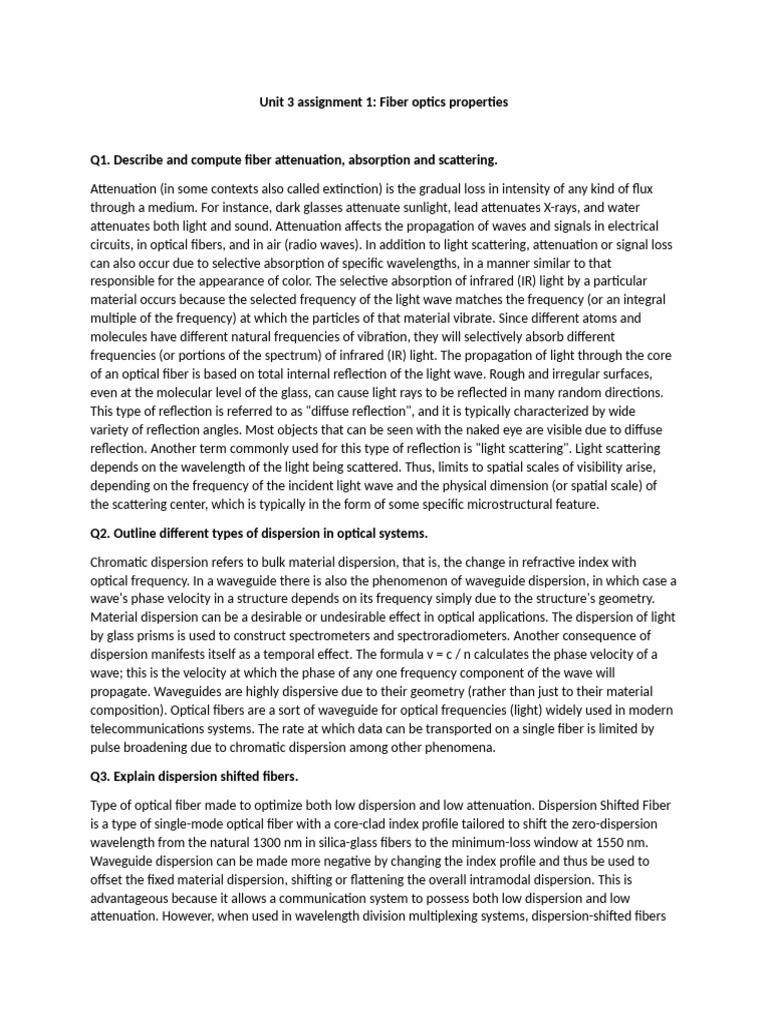 Unit 3 Assignment 1: Fiber Optics Properties | PDF | Dispersion (Optics ...