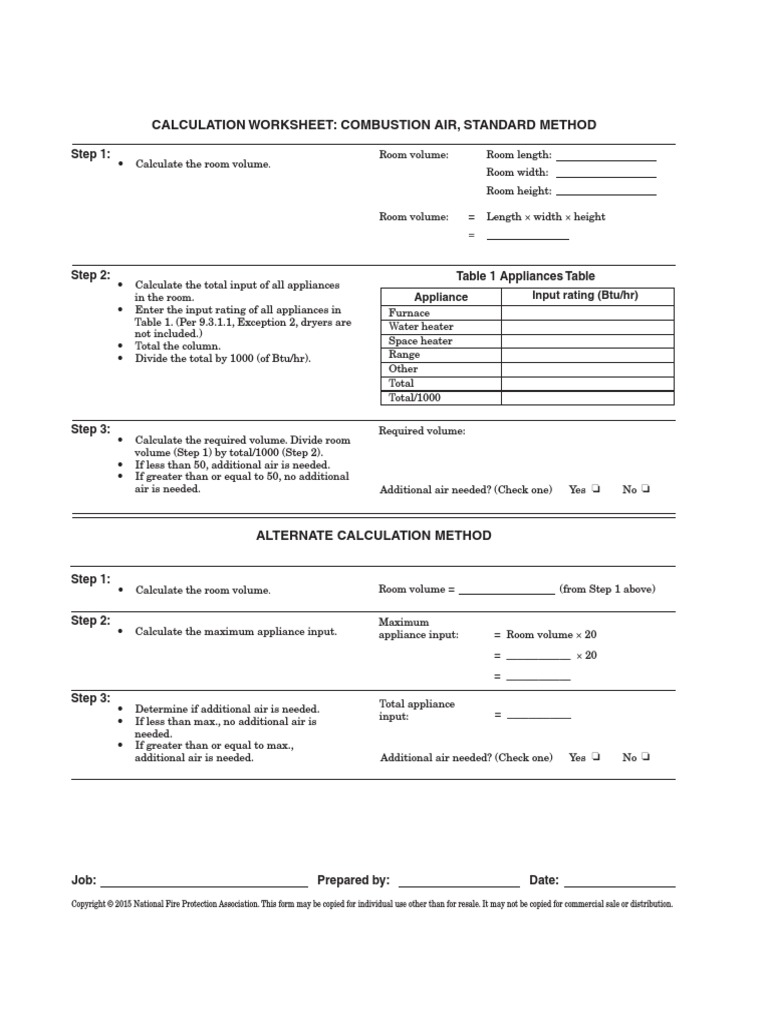 Calculation Worksheet: Combustion Air, Standard Method: Step 1 | PDF ...