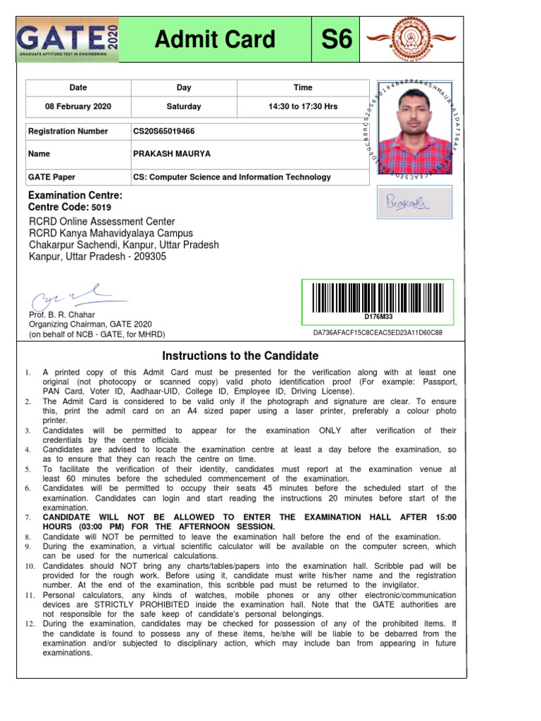 Admit Card: Instructions To The Candidate | PDF | Computing | Computing ...