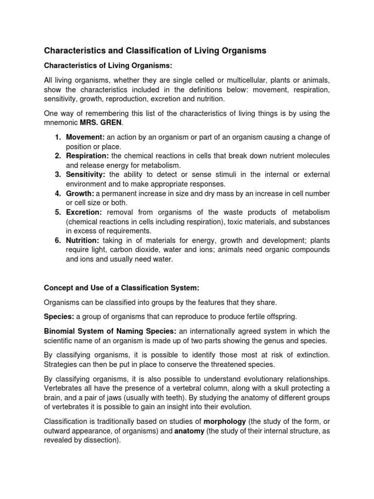 01 Characteristics and Classification of Living Organisms | PDF | Cell (Biology) | Organisms