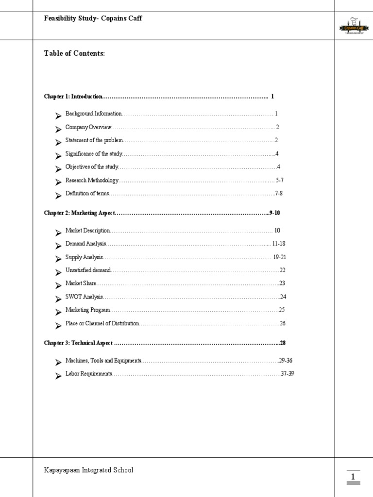 Table of Contents:: Feasibility Study-Copains Caff | PDF