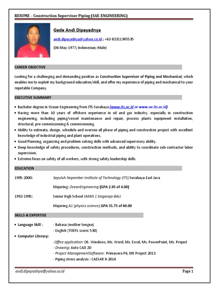Construction Supervisor Resume: Andi Dipayadnya | PDF | Pipe (Fluid ...